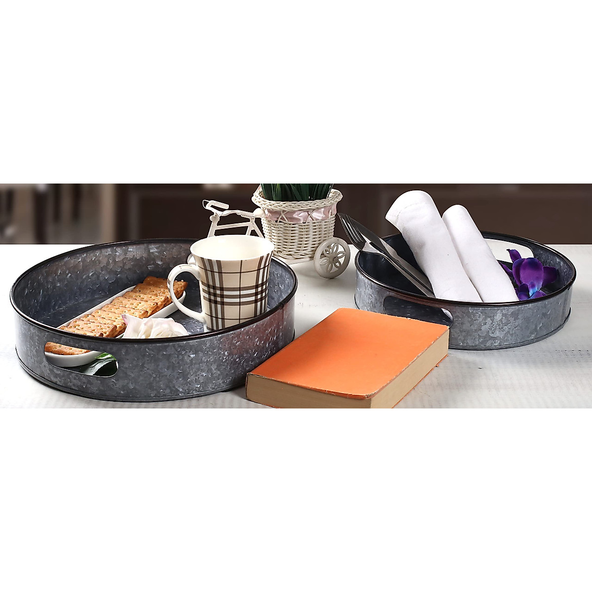 Set of 2 Countertop Galvanized Fruit Tray Baskets,Organizer Crates for Kitchen,Bathroom,Pantry,for Fruit,Vegetables,Produce,Bread and General Storage Space |Decorative Rustic Natural (12"+10" Dia)