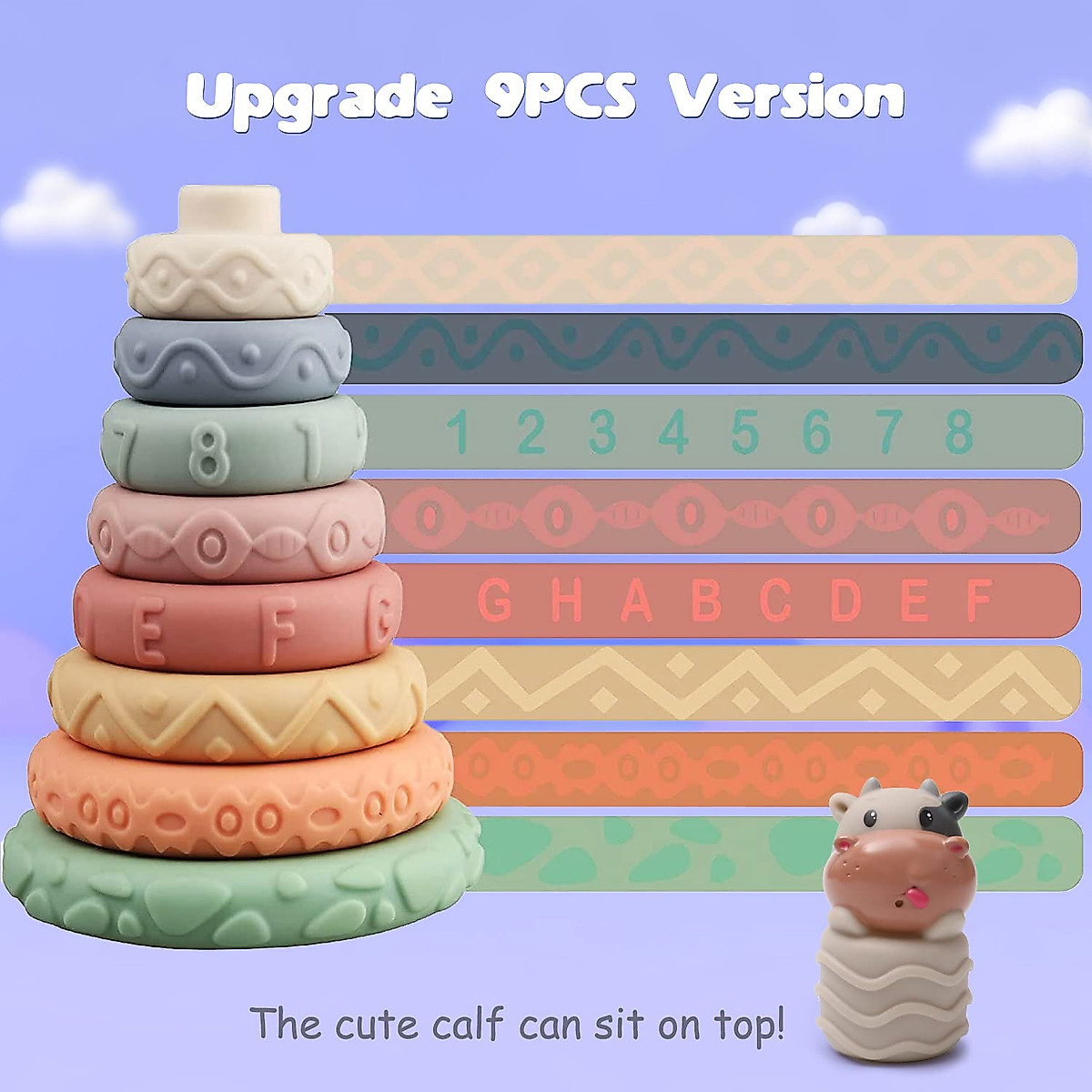 Maikerry 9PCS Stacking and Nesting Circle Toy with Cow,Soft Rings Building Stacker Squeeze Toy,Early Educational Learning Stacking Blocks Tower, Montessori Toys for 1,2,3 Year Old