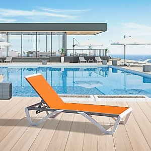 Domi Pool Lounge Chair Aluminum Adjustable Outdoor Chaise Lounge,All Weather Plastic Poolside Lounge Chair for Deck Lawn Backyard, Orange Textilene