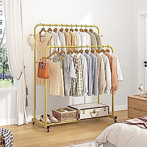 Laiensia Double Rods Garment Rack with Wheels, Clothing Rack for Hanging Clothes,4 Hooks, Multi-Functional Bedroom Clothes Rack, Gold