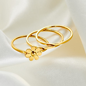 AHSIWC 3pcs 18k Gold Plated Birth Flower Daisy Ring/Stainless Steel Handmade Ring For Woman/Stackable Gold Mother's Ring For Present Gift