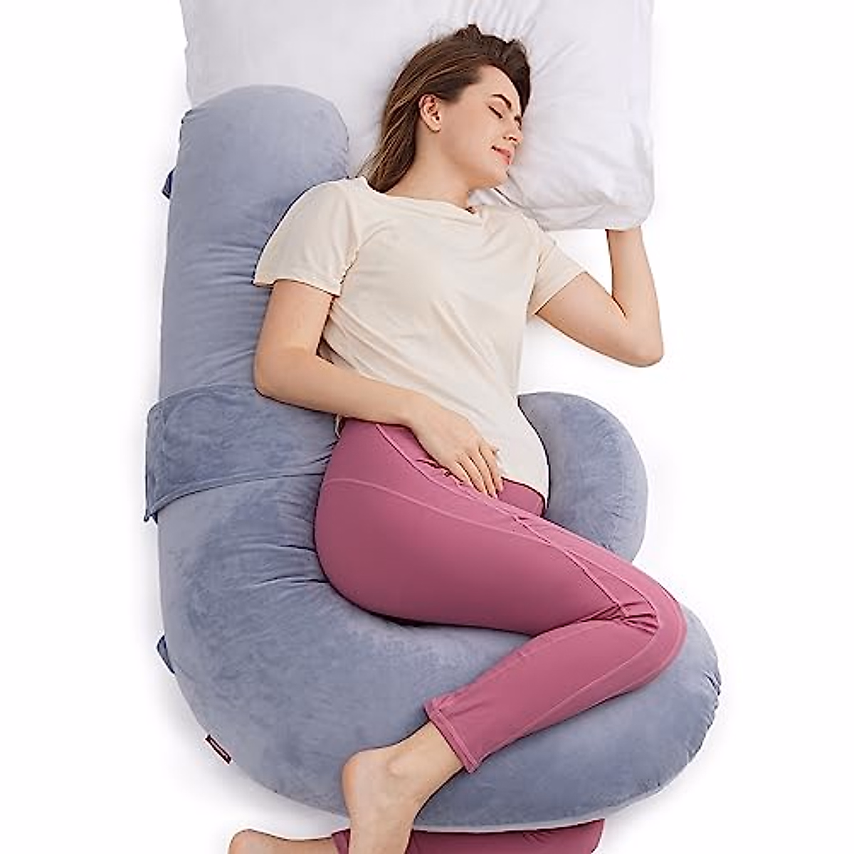 Momcozy Pregnancy Pillows, Original F Shaped Maternity Pillow for Pregnant Women with Adjustable Wedge Pillow, Full Body Support Pregnancy Pillows for Side Sleeping with Velvet Cover, Grey