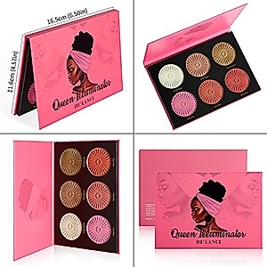 Blush Highlighter Palette, DE’LANCI 6 Color Blushes Highlighter Bronzer Makeup Palette, Natural Matte Shimmer Face Blush Illuminator Pallet, Cheek Blushing Pressed Powder Pallet for Dark Skin Black Women