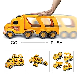 Kids Construction Trucks Toys for 3 4 5 6 Years Old Toddlers Kids, Car Toys Set with Sound and Light, Toy Vehicles in Friction Powered Carrier Truck, Christmas Birthday Gifts for Boys and Girls