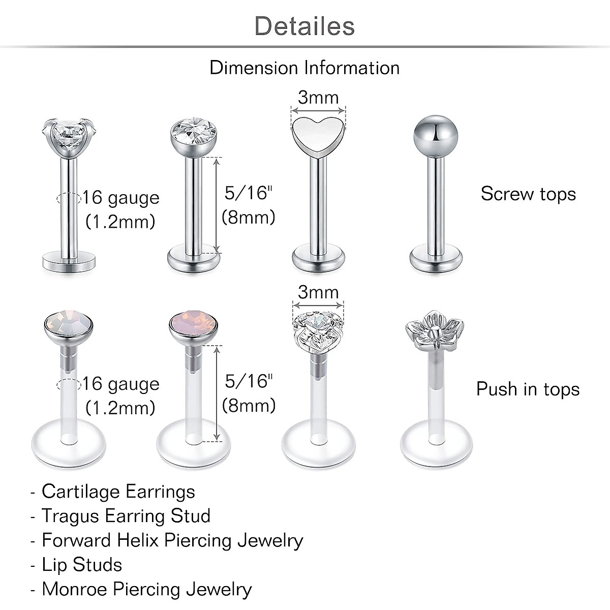 MODRSA 16G Cartilage Piercing Jewelry Tragus Earrings Forward Helix Piercing Jewelry for Women Stainless Steel Cubic Zirconia Stud Earrings Silve