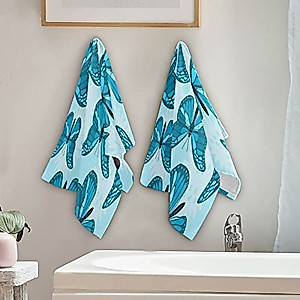 Kigai 2 Pack Pretty Blue Butterfly Hand Towels Set Kitchen Towels Super Soft Highly Absorbent Fingertip Towel for Bath,Kitchen,Gym and Spa
