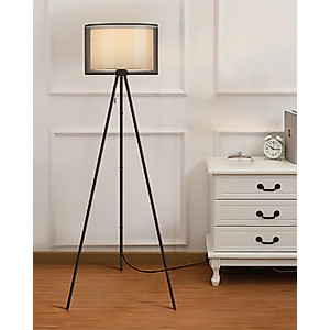 KDG Modern Floor Lamp for Living Room, Tall Tripod Floor Lamp Corner Lighting, Fabric Lampshade LED Bulb Bright Pole Light, High Light for Bedroom, Reading, Office, Study Room, Warm Light(Black)
