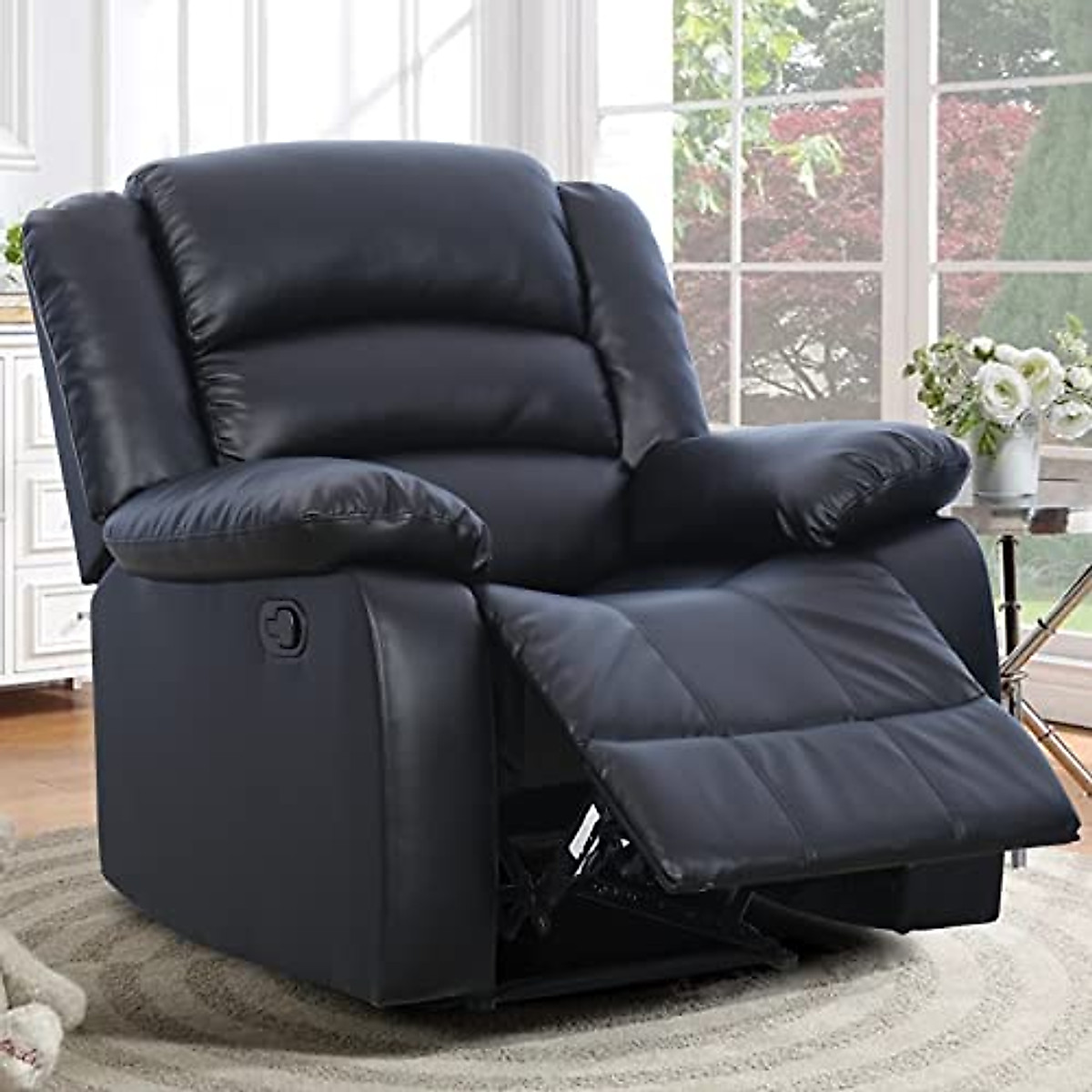 ANJ Black Recliner Chair with Overstuffed Arm and Back, Breathable Faux Leather Manual Reclining Chairs, Living Room Single Sofa Recliners
