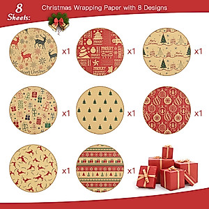 BOENFU Christmas Wrapping Paper, 8 Sheets Recyclable Kraft Paper for Xmas, 70x50CM in Folded Gift Wrap Paper