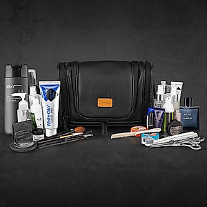 MIRASON Hanging Toiletry Bag for Men Dopp Kit Waterproof Leather Travel Organizer with Sturdy Metal Hook and Handle for Bathroom Shower Cosmetics Camping Brushes Shaving (Black)