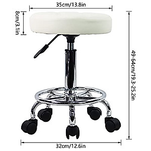 KKTONER Round Rolling Stool Chair PU Leather Height Adjustable Swivel Drafting Work SPA Shop Salon Stools with Wheels Office Chair Small (White)