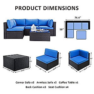 Waleaf 5 Pieces Outdoor Furniture Rattan Sectional Patio Sofa, Outdoor Indoor Backyard Porch Garden Poolside Balcony Wicker Conversation Set with Table (Dark Blue)
