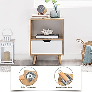Wind Modern Wooden Bedroom 2-Tier Nightstand End Side Table with Open Shelf, 4 Anti-Slip Rubber Padded Legs, & 1 Storage Drawer, Tan, Set of 2