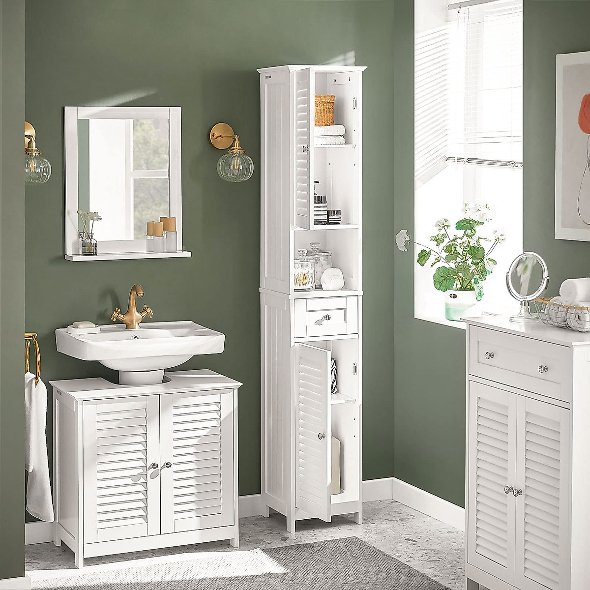 Haotian Tall Bathroom Storage Cabinet Freestanding Cabinet Slim Cabinet with Shelves and Drawers, White FRG236-W