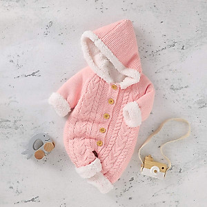 Camidy Baby Hooded Jumpsuit,Toddler Knitted Romper Cotton Long Sleeve One-Piece Coveralls