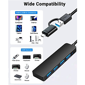 USB 3.0 Hub 2 in1 4-Port, Siawclub USB C to USB Splitter Expander for MacBook Pro, Laptop, Xbox, Flash Drive, HDD, Printer, Camera, Keyborad, Mouse