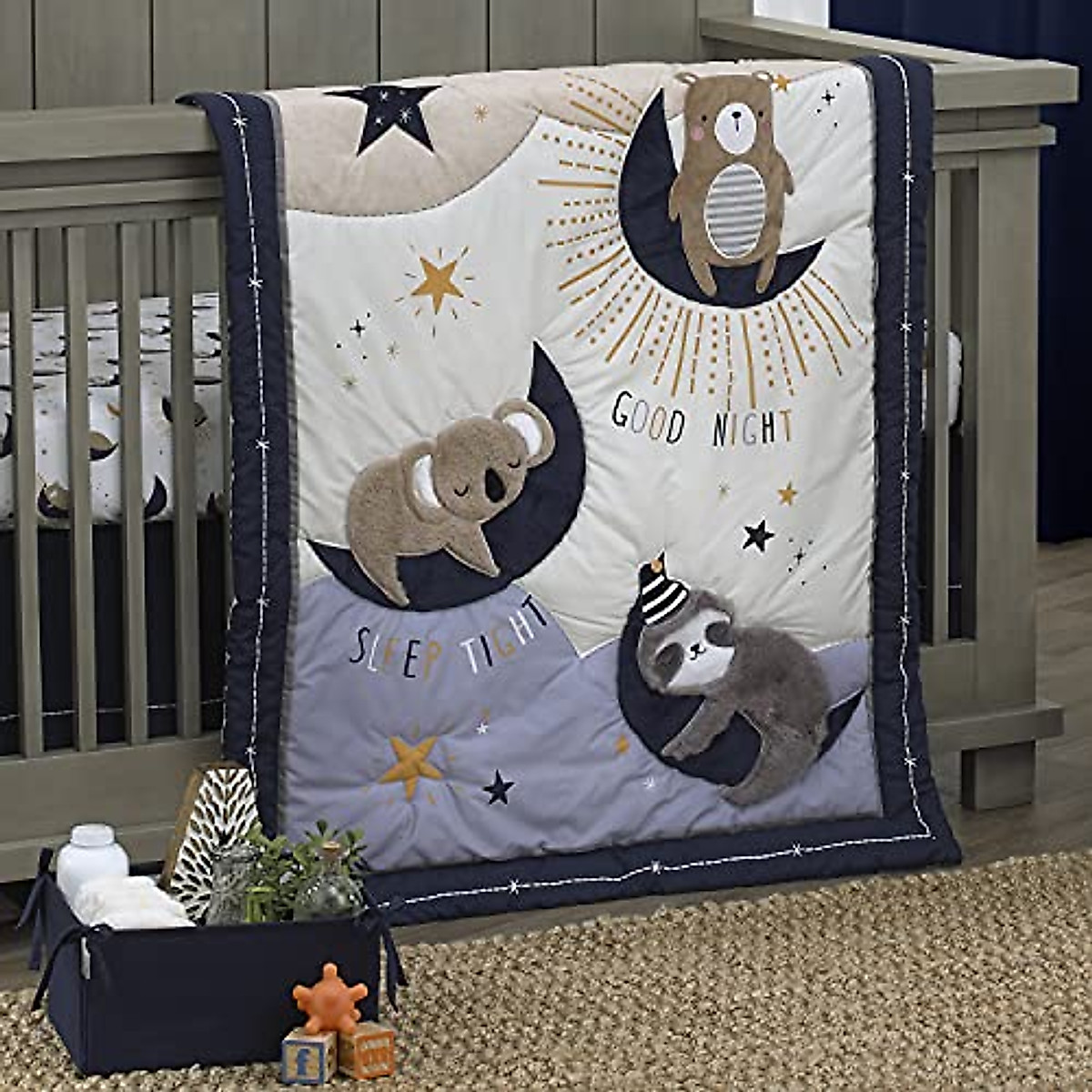 NoJo Goodnight Sleep Tight White & Blue Koala, Sloth, Bear, Star, & Moon 4Piece Nursery Crib Bedding Set, Navy, Light Blue, Grey, White