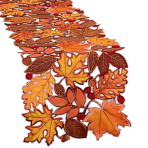 Simhomsen Embroidered Leaves Table Runner for Thanksgiving, Autumn Harvest Decorations (14 × 68 inches)