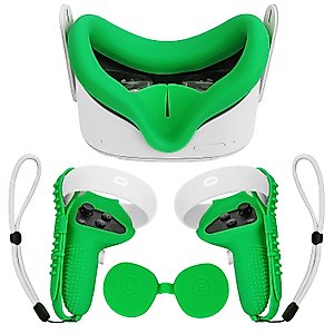 TOMSIN Touch Controller Grip Cover for Oculus Quest 2 with Silicone Face Cover, Protective Lens Cover, Silicone Handle Strap Combo, Sweatproof Lightproof Anti-Throw Accessories Set (Green)