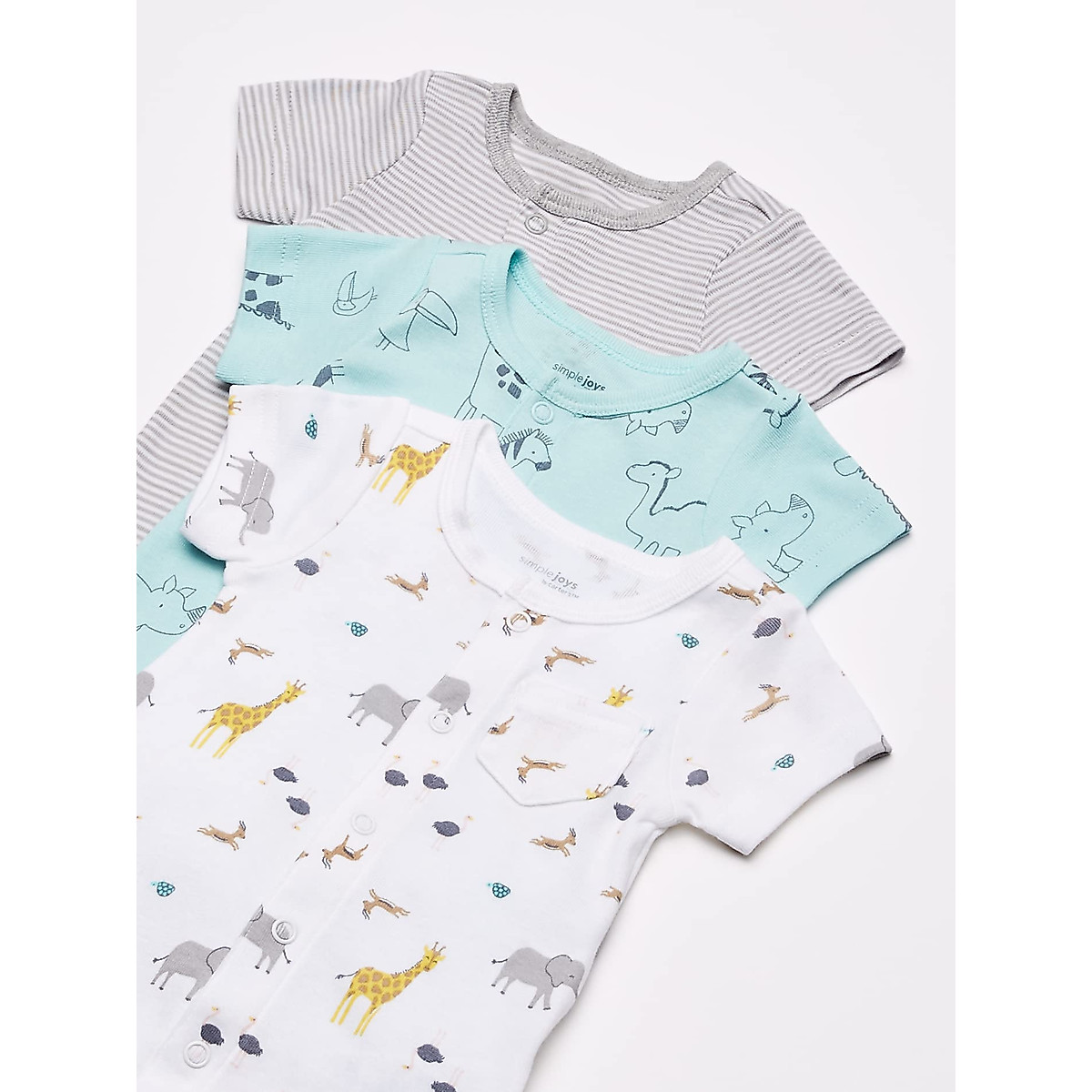 Simple Joys by Carter's Baby 3-Pack Snap-up Rompers, Aqua Blue Forest Animals/Grey Mini Stripe/White, 0-3 Months
