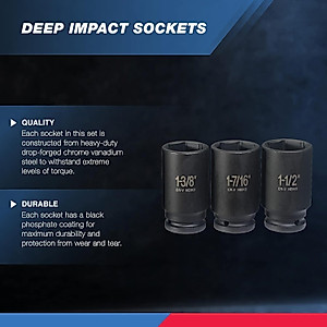 NEIKO 02461A 3/4 Inch Drive Impact Socket Set, SAE 1” to 1-1/2”, 8 PC, Deep/Jumbo Sockets, Chrome Vanadium Cr-V