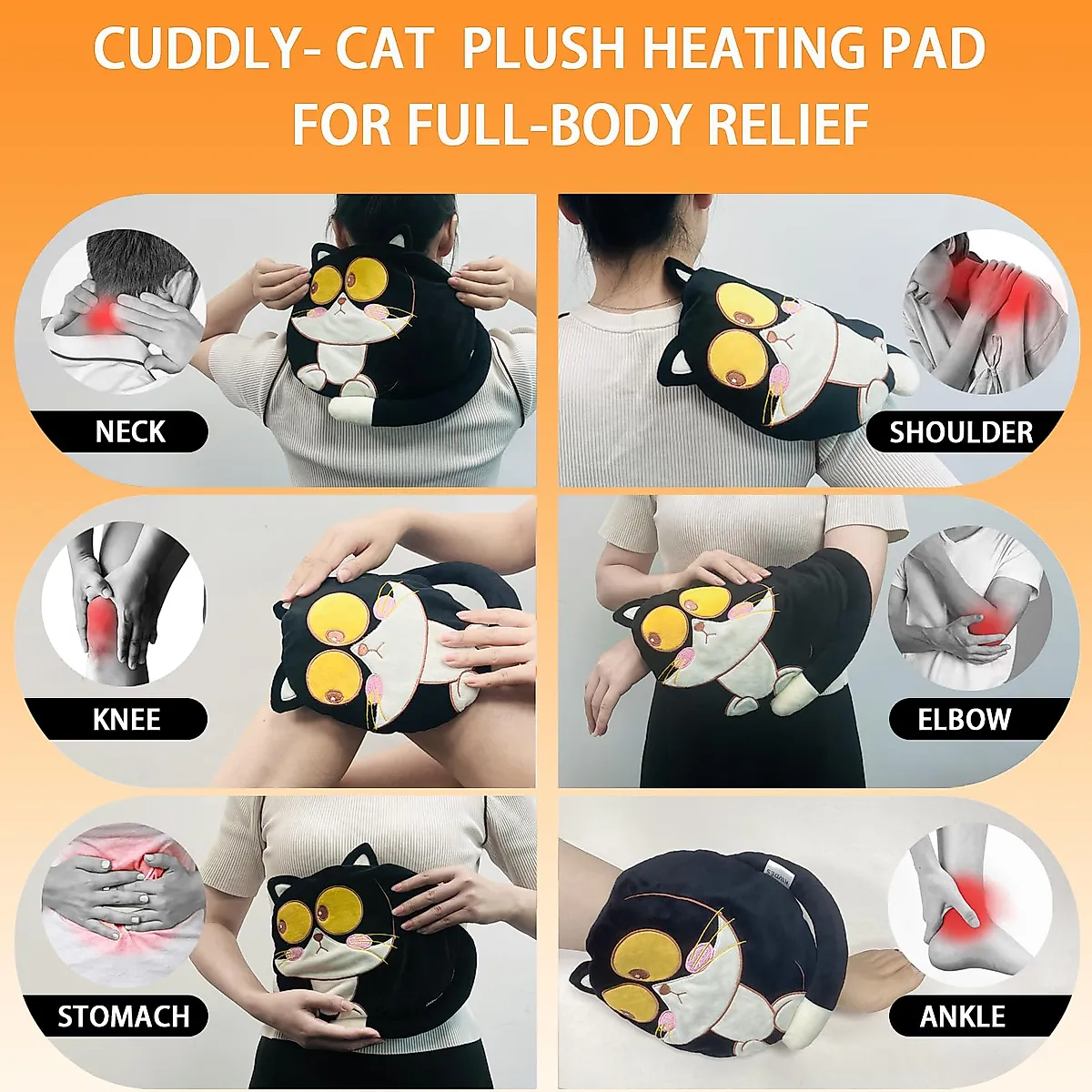 Kivdes Microwave Heating Pads for Cramps/Period/Back/Abdomen Pain Relief,11in*8in Microwavable Weighted Moist Stuffed Cute Stuffed Animal Heating Pad Washable Removable Lavender Scented Black Cat