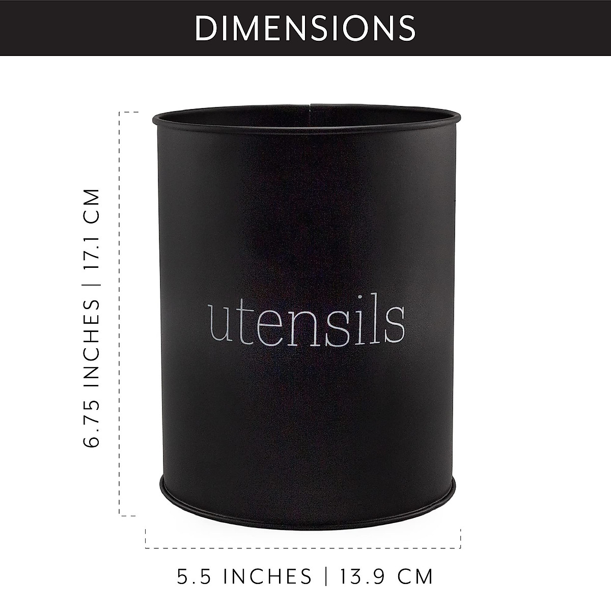 AuldHome Metal Utensil Holder (Black), Enamel Classic Style Round Kitchen Utensil Caddy