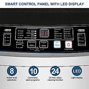 25 lbs Portable Washing Machine LED Display Full Automatic Washing Machine 10 Programs & 8 Water Levels, Come with a Glass Cover, Drain Pump Ideal for Apartment Home Dorm, Grey