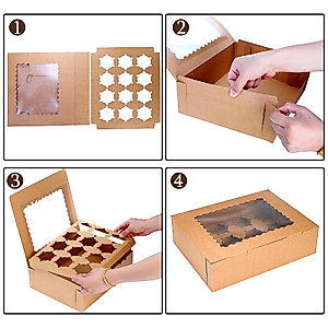 Jucoan 20 Pack Kraft Cupcake Boxes Containers with Clear Display Window, Brown Cake Trays Holder for Cookies, Muffins Pastries, Holding 12 Standard Cupcakes for Valentines Day Party