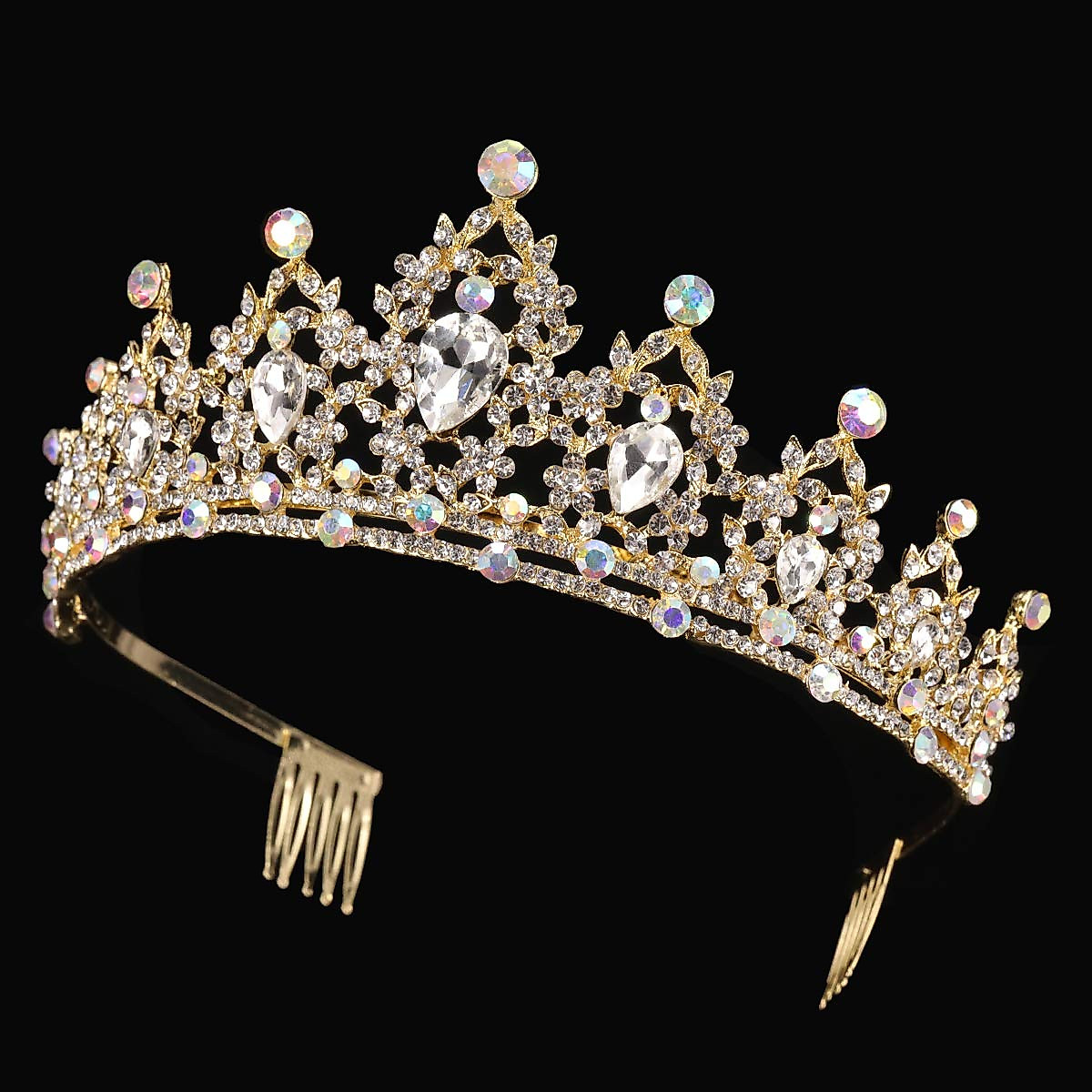 Sppry Women Tiara with Comb - Colorful AB Crystals Crown for Bridal Princess Girls at Wedding Birthday Pageant (Gold)