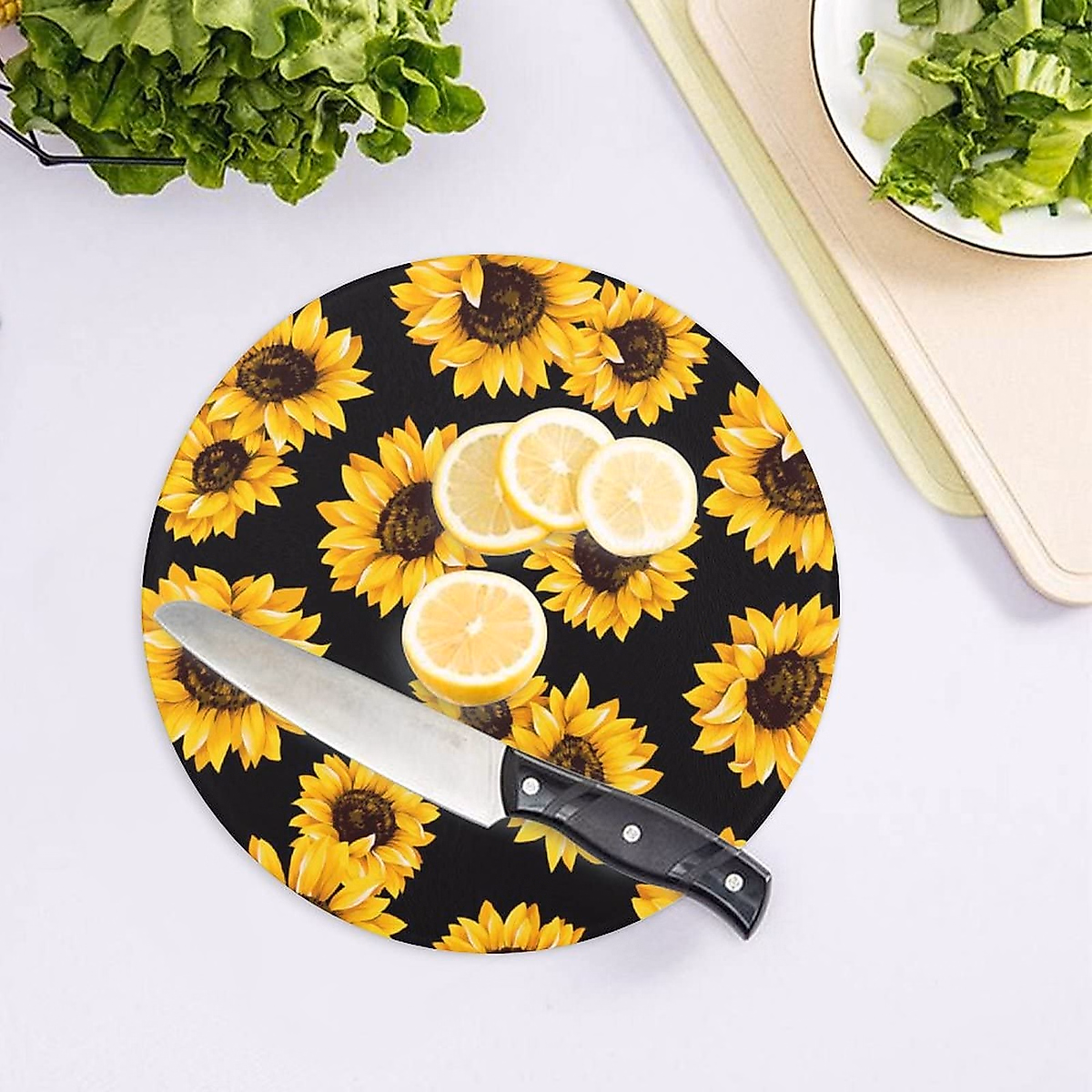 Bagea-Ka Oil Painting Sunflower Flowers Pattern With Black Pattern Tempered Glass Cutting Board 8" Round Kitchen Decorative Chopping Board Small