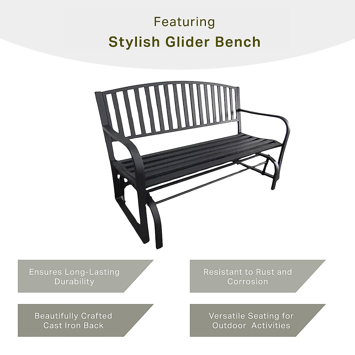 Four Seasons Courtyard Outdoor Patio Bench Glider Backyard Garden, Front Porch, or Walking Path Furniture Seat with Powder Coated Steel Frame, Black