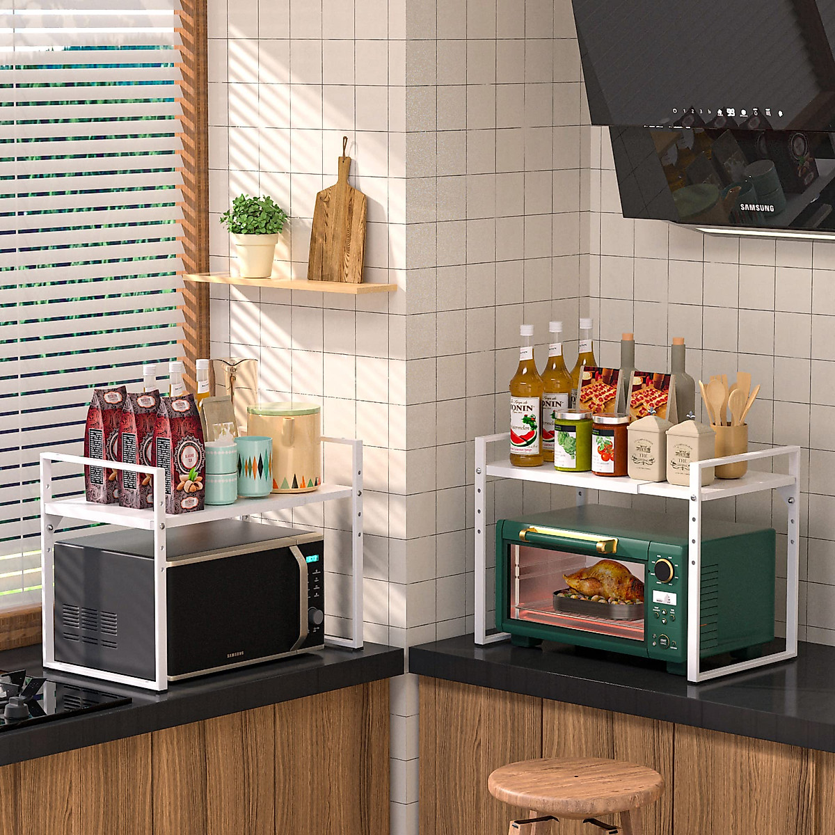 iPEGTOP Extendable Microwave Oven Rack, Adjustable Height Microwave/Toaster Shelf Heavy Duty Metal Pantry Shelf Space Riser Stand Organizer for Kitchen Counter Top Organization, White