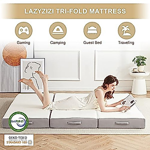 Lazyzizi Folding Mattress, 6 Inch Memory Foam Tri-fold Mattress with Breathable & Washable Bamboo Fiber Fabric Cover, Foldable Floor Mattress Guest Bed for Camping, Road Trip, Queen