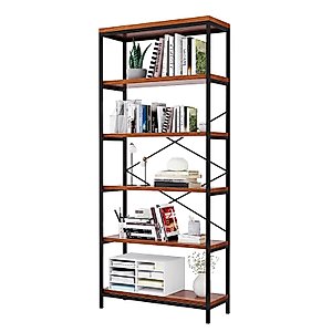 BATHWA Bookshelf, 6-Tier Industrial Bookshelves, Wood and Metal Bookcase, Free Standing Storage Vintage Bookshelf for Living Room, Bedroom and Home Office, Rustic Brown