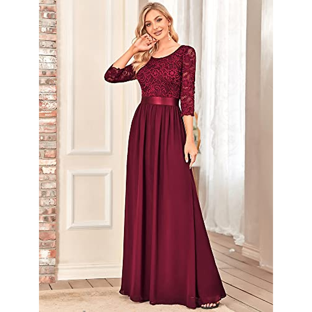 Ever-Pretty Women Lace Elegant 3/4 Sleeve Summer Maxi Evening Gown Burgundy US12