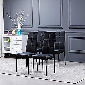 UDeuxff Dining Chairs Set of 4,4pcs Elegant Dining Chairs with 6 Grids Decoration,PU Leather Seat and Metal Frame,Backrest White Cushion Black