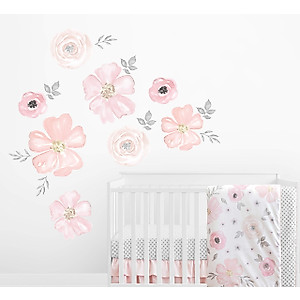 Sweet Jojo Designs Blush Pink, Grey and White Large Peel and Stick Wall Mural Decal Stickers Art Nursery Decor for Watercolor Floral Collection - Set of 2 Sheets