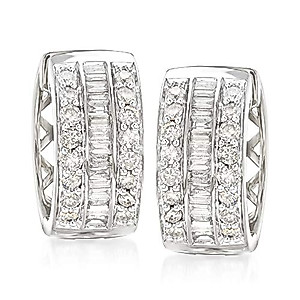 Ross-Simons 1.00 ct. t.w. Baguette and Round Diamond Hoop Earrings in Sterling Silver