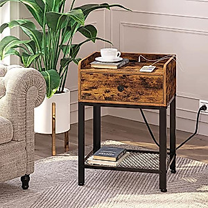 Rolanstar Nightstand with Charging Station and USB Ports, Rustic End Table with Drawer and Metal Shelf for Bedroom, Living Room, Rustic Brown