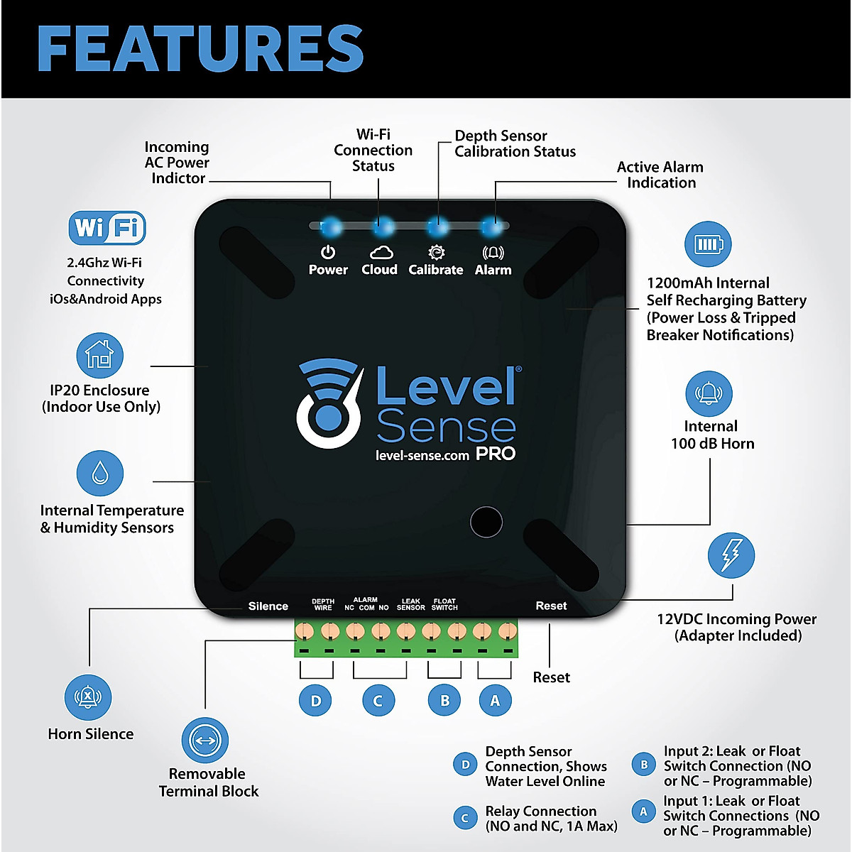 PRO- Wi-Fi Enabled Sump Pump Alarm, Features Include: High Water Alarm, Water Leak Detector, Power Failure Alarm, WiFi Temperature Sensor, Water Sensor Alarm