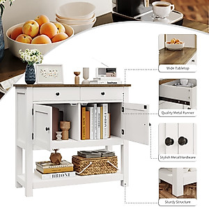 HOSTACK Farmhouse Console Table with 2-Door Cabinet & 2 Drawers, Coffee Bar, Entryway Table with Storage Shelf, Sofa Tables Buffet Sideboard for Kitchen, Hallway, Dining, Living Room, White