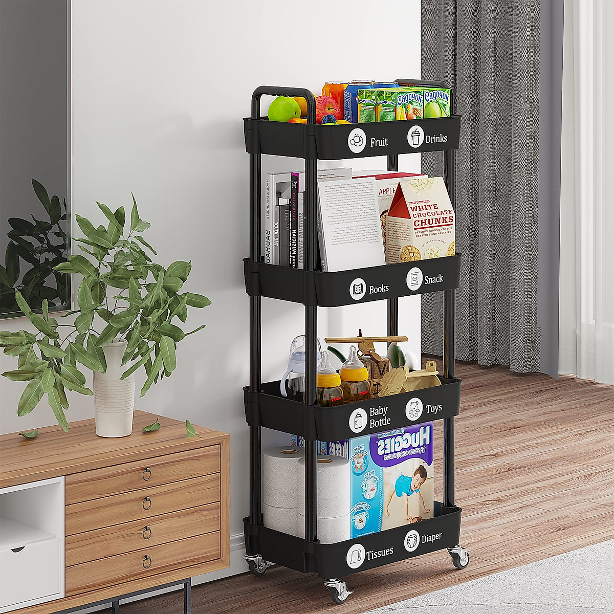 Laiensia 4-Tier Storage Cart,Multifunction Utility Rolling Cart Kitchen Storage Organizer,Mobile Shelving Unit Cart with Lockable Wheels for Bathroom,Laundry,Living Room,With Classified Stickers,Black
