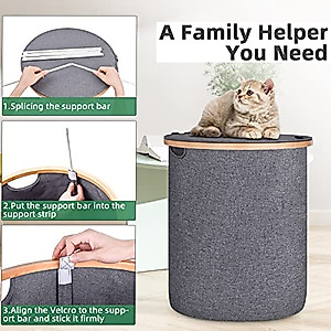 SUPDEJA 90L Laundry Hamper with Lid - Large Laundry Basket with Bamboo Handles, Dirty Clothes Hamper for Laundry, Oxford Tall Round Laundry Baskets for Bathroom and Bedroom