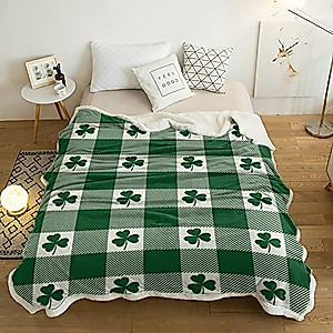 Sherpa Throw Blanket St. Patrick's Day Irish Green Shamrock Clover Super Soft Cozy Warm Luxury Microfiber Blankets Flannel Fleece Plush Quilt Bedspread for Bed Couch Sofa Buffalo Lattice