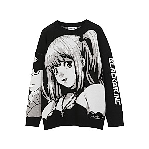 FELLVISHK Anime Girl Figure Sweater Graphic Long Sleeve Oversize Knitwear Sweatshirt Unisex 3D(Black, X-Large)
