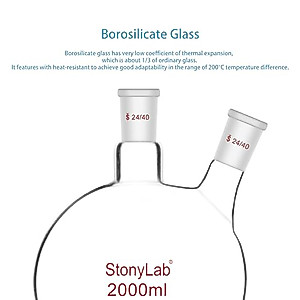 stonylab Flat Bottom Flask FBF, Heavy Wall 2-Neck Lab Flask Borosilicate Glass Flat Bottom Boiling Flask with 24/40 Standard Joint, 2000 ml (2 L)