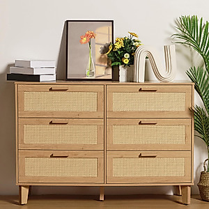 XDliv Rattan Dresser, 6-Drawer Dresser for Bedroom, Double Dresser Rattan Storage Chest Unit Walnut