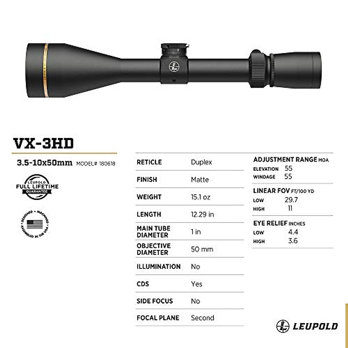 Leupold VX-3HD 3.5-10x50 (1 inch) CDS-ZL Duplex Reticle Riflescope