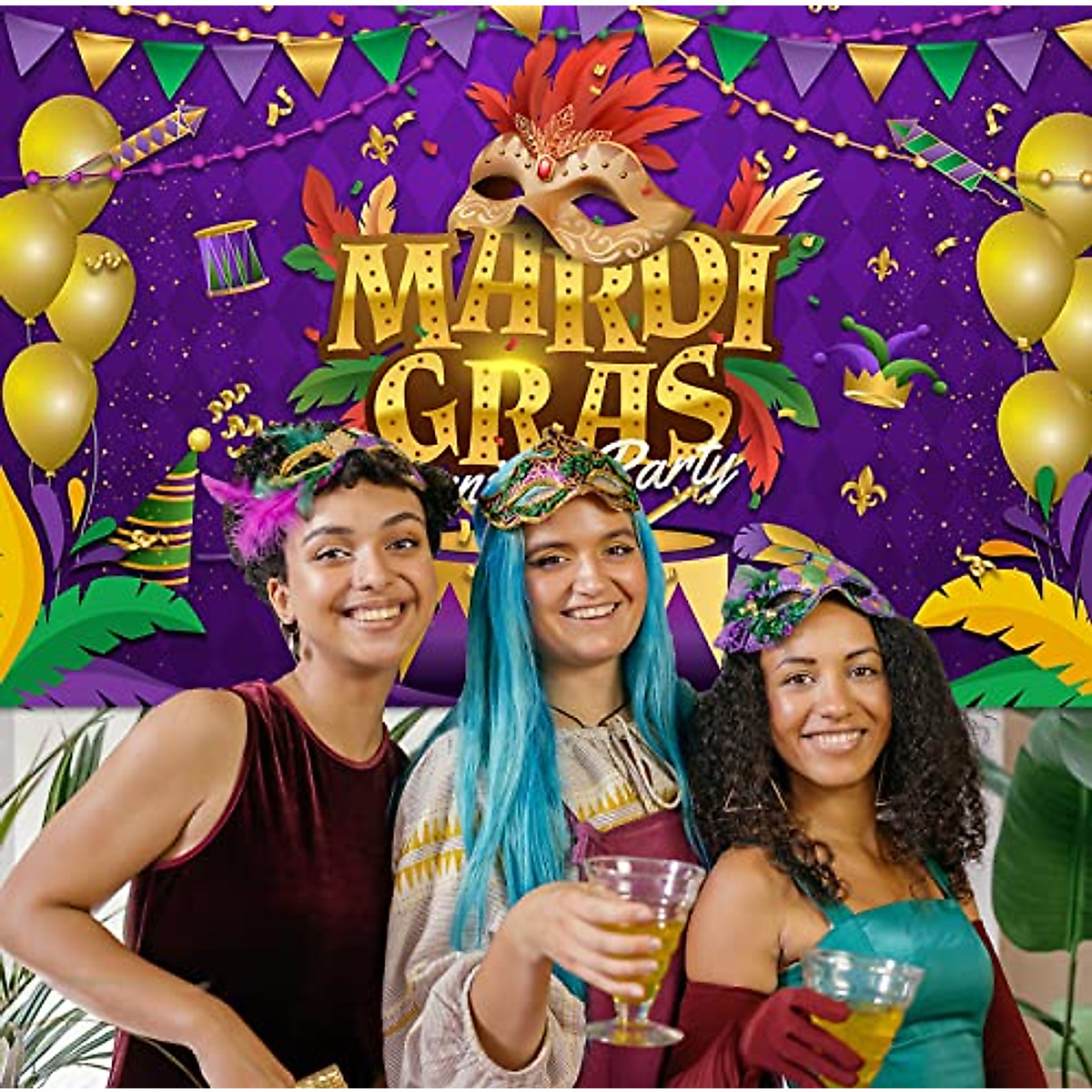 JKQ Mardi Gras Backdrop Banner 73 x 43 Inch Large Size Carnival Masquerade Background Banner Mardi Gras Party Decorations March New Orleans Fat Tuesday Masquerade Indoor Outdoor Photo Booth Props